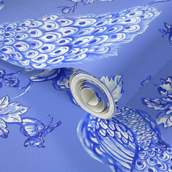 Spoonflower Flowers Butterflies Floral Chinese China Traditional Wallpaper - Blue