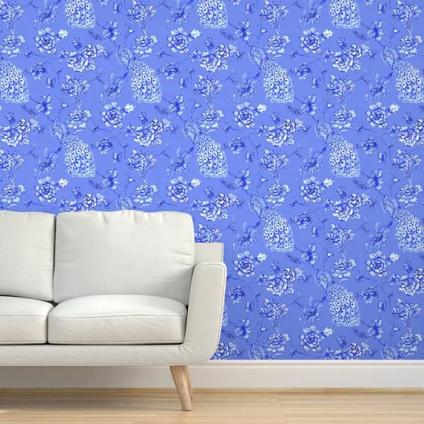 Spoonflower Flowers Butterflies Floral Chinese China Custom Pre-pasted Wallpaper - Blue