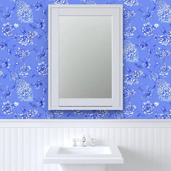 Spoonflower Flowers Butterflies Floral Chinese China Custom Pre-pasted Wallpaper - Blue