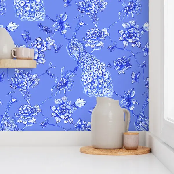 Spoonflower Flowers Butterflies Floral Chinese China Custom Pre-pasted Wallpaper - Blue