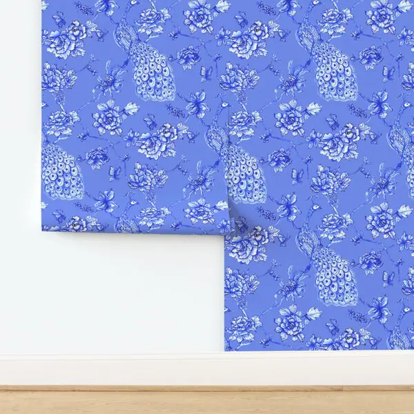 Spoonflower Flowers Butterflies Floral Chinese China Custom Pre-pasted Wallpaper - Blue
