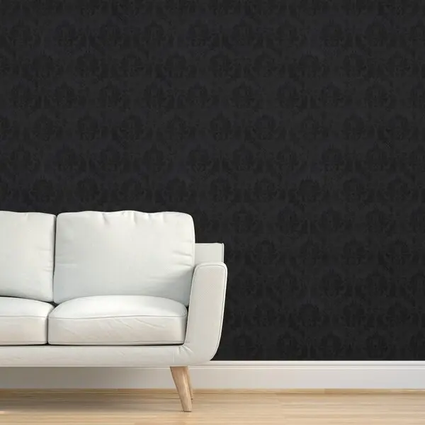 Spoonflower Damask Noir Petit 100% Natural Sisal Grasscloth Wallcovering