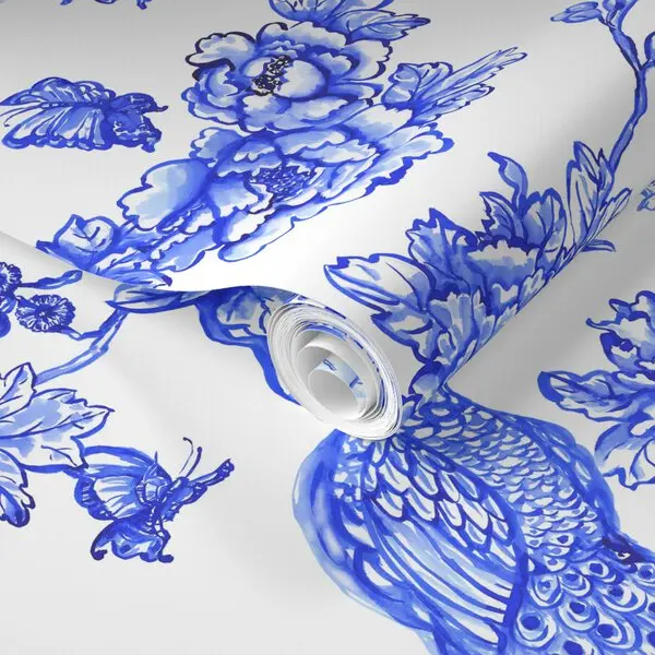 Spoonflower Floral Peacock Chinoiserie Exotic Bird Asian Traditional Wallpaper - Blue,white,purple