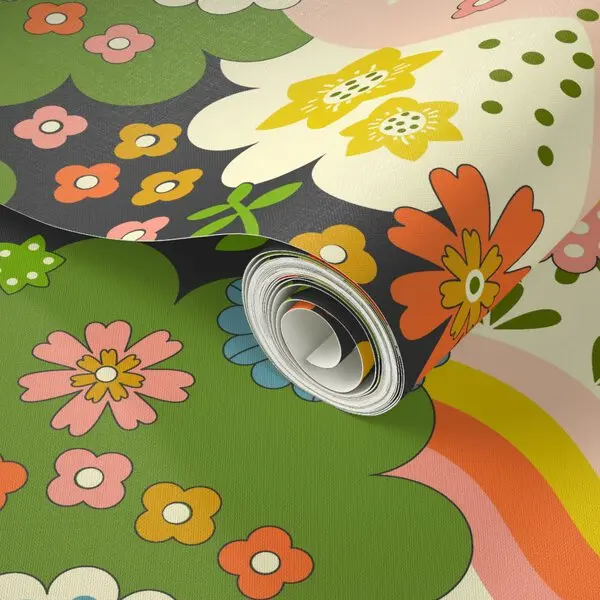 Spoonflower Cosmic Flowering Retro Flowers Vintage Custom Pre-pasted Wallpaper - Rainbow
