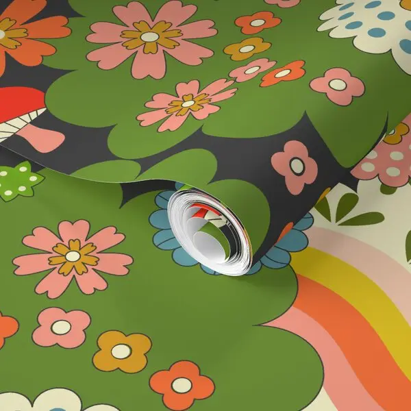 Spoonflower Cosmic Flowering Retro Flowers Vintage Custom Pre-pasted Wallpaper - Rainbow