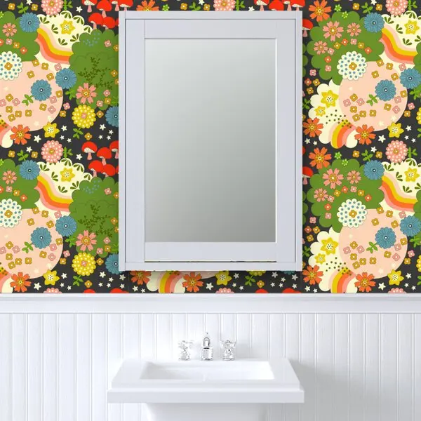 Spoonflower Cosmic Flowering Retro Flowers Vintage Custom Pre-pasted Wallpaper - Rainbow