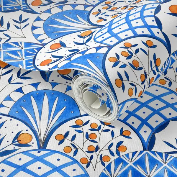 Spoonflower Blue Tiles Oranges Artistic Tones Summer Fruit Custom Pre-pasted Wallpaper - Blue,white,brown