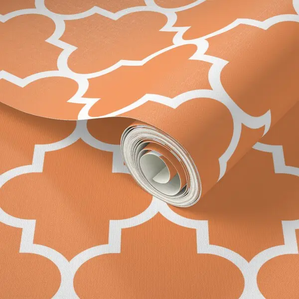 Spoonflower Orange Moroccan Lattice Trellis Quatrefoil And Custom Pre-pasted Wallpaper - Orange,white,coral