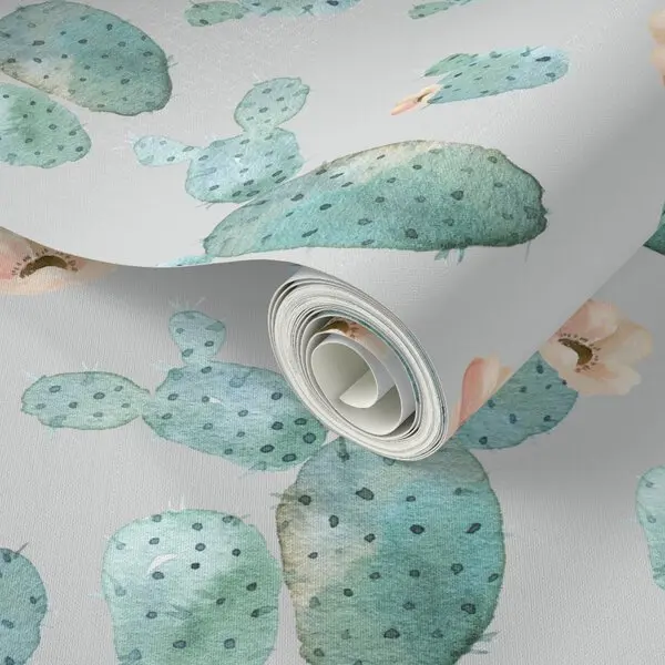 Spoonflower Cactus Green Peach Pink Floral Woodland Grey Custom Pre-pasted Wallpaper - Gray,green,mint