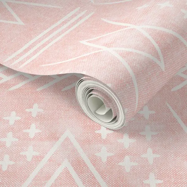 Spoonflower Vintage Moroccan Salmon Peach Boho Pink Mudcloth Custom Removable Wallpaper - Pink,beige,gray