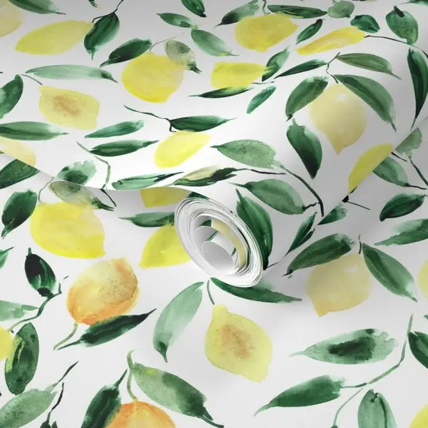 Spoonflower Yellow Nature Fruit Citrus Summer Watercolor Custom Pre-pasted Wallpaper - Yellow,mint,green