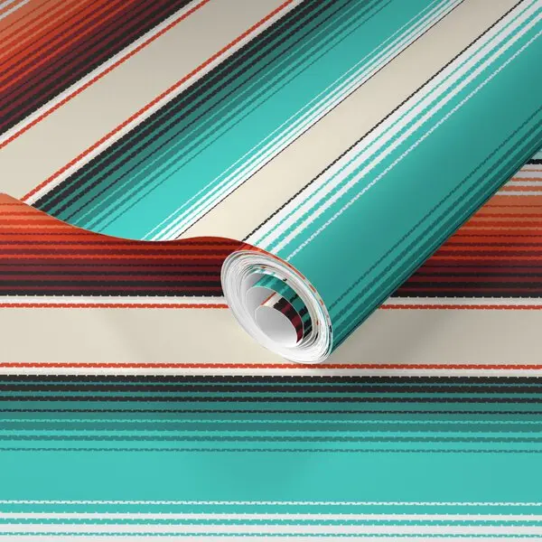 Spoonflower Teal Orange Turquoise Stripes Tribal Desert Custom Removable Wallpaper - Gray,blue,red