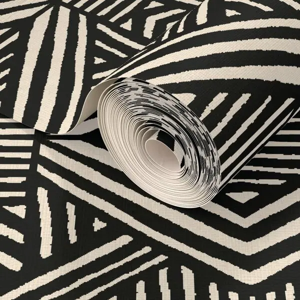 Spoonflower Tribal Geometric Geo Diamond Stripe Black White 100% Natural Sisal Grasscloth Wallcovering - Black,white,gray