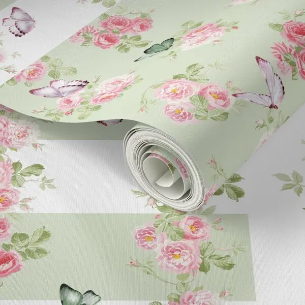 Spoonflower Butterfly Shabby Chic Green Pink Roses Tartan Custom Removable Wallpaper - Gray,brown,green