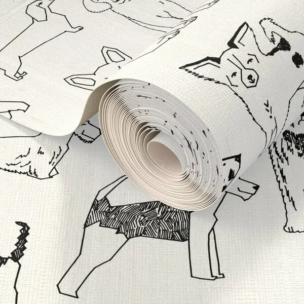 Spoonflower Dog Line Art Pug Dachshund Terrier Poodle Black Custom Removable Wallpaper - White,black,gray