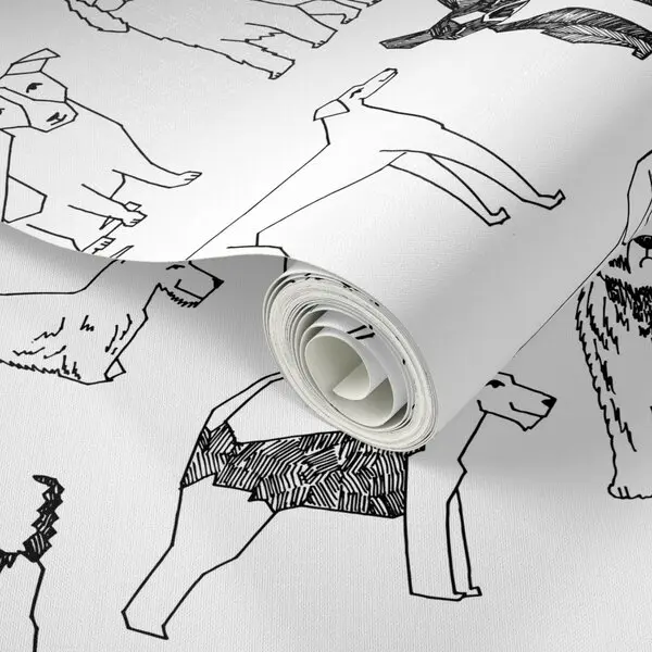 Spoonflower Dog Line Art Pug Dachshund Terrier Poodle Black Custom Pre-pasted Wallpaper - White,black,gray