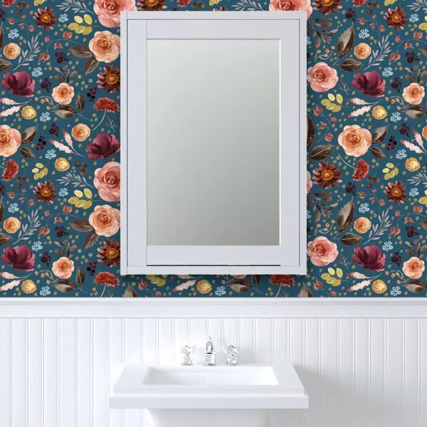 Spoonflower Blue Fall Florals Boone Custom Pre-pasted Wallpaper
