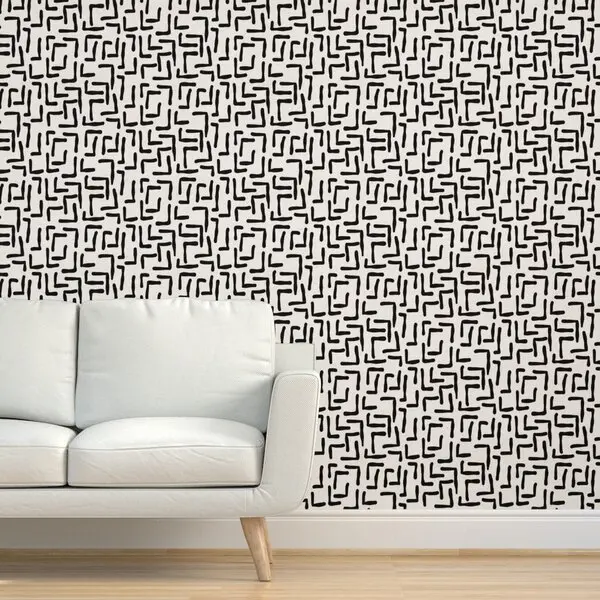 Spoonflower Abstract Maze Black On White 100% Natural Sisal Grasscloth Wallcovering