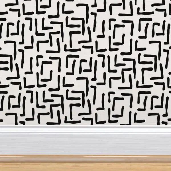 Spoonflower Abstract Maze Black On White 100% Natural Sisal Grasscloth Wallcovering