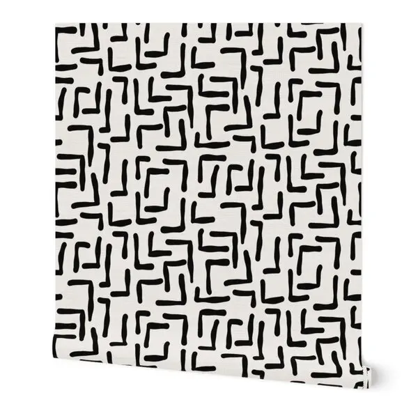 Spoonflower Abstract Maze Black On White 100% Natural Sisal Grasscloth Wallcovering
