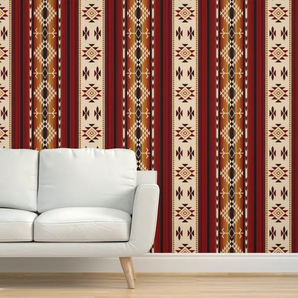 Spoonflower Amber Fire Vertical Bold Tribal Stripes 100% Natural Sisal Grasscloth Wallcovering - Red
