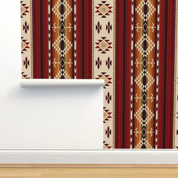 Spoonflower Amber Fire Vertical Bold Tribal Stripes 100% Natural Sisal Grasscloth Wallcovering - Red