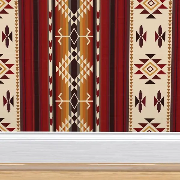 Spoonflower Amber Fire Vertical Bold Tribal Stripes 100% Natural Sisal Grasscloth Wallcovering - Red