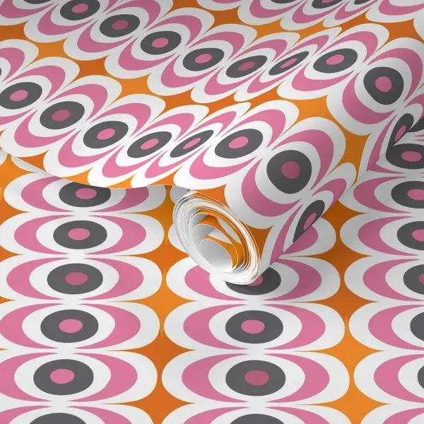 Spoonflower Pink White Stripe Retro Orange Circle Custom Pre-pasted Wallpaper - Gray,pink
