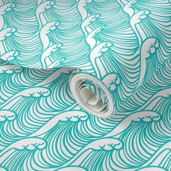 Spoonflower Japanese Waves Kawaii Tropical Blue Color Water Custom Pre-pasted Wallpaper - Teal,white,blue
