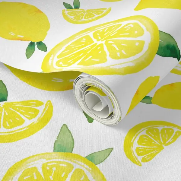 Spoonflower Watercolor Lemons Pattern Lemon Citrus Yellow Food Custom Removable Wallpaper - Yellow,white,gray