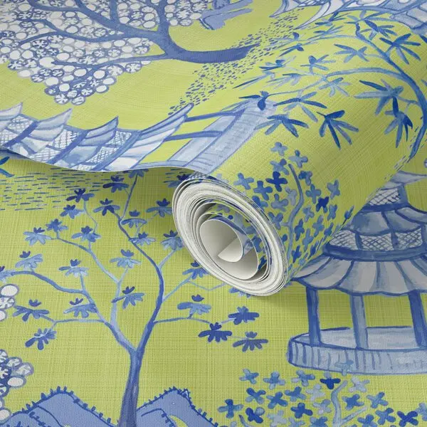 Spoonflower Pagoda Forest Blue Green Chartreuse Landscape Custom Removable Wallpaper - Green,blue,sage