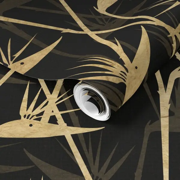 Spoonflower Black Birds Gold Art Deco Elegant Custom Pre-pasted Wallpaper - Brown,black,gray