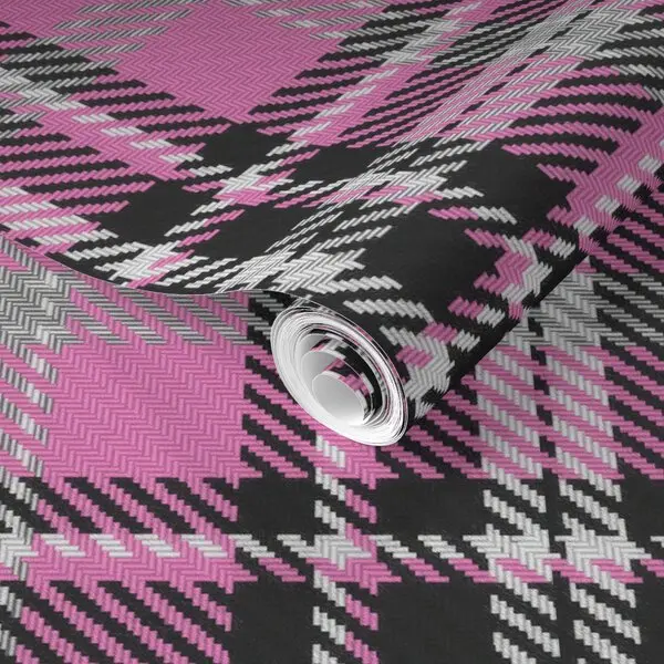 Spoonflower Pink Black Plaid Grey Tartan Hot Custom Removable Wallpaper - Purple,black,gray