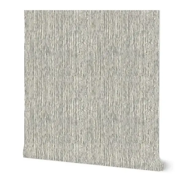 Spoonflower Solid Plain Texture Small Stripes Pewter And 100% Natural Sisal Grasscloth Wallcovering - White