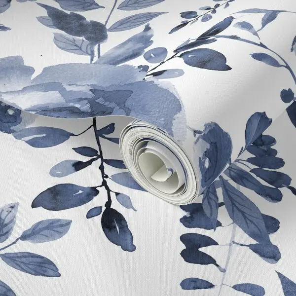 Spoonflower Blue Flowers Floral Navy Indigo Nursery Custom Removable Wallpaper - Blue,white,gray
