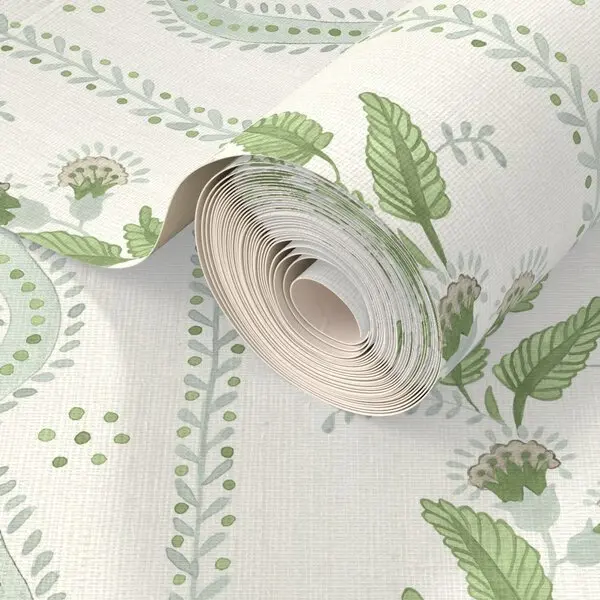 Spoonflower Spa Tan And Greens On White 100% Natural Sisal Grasscloth Wallcovering - Green