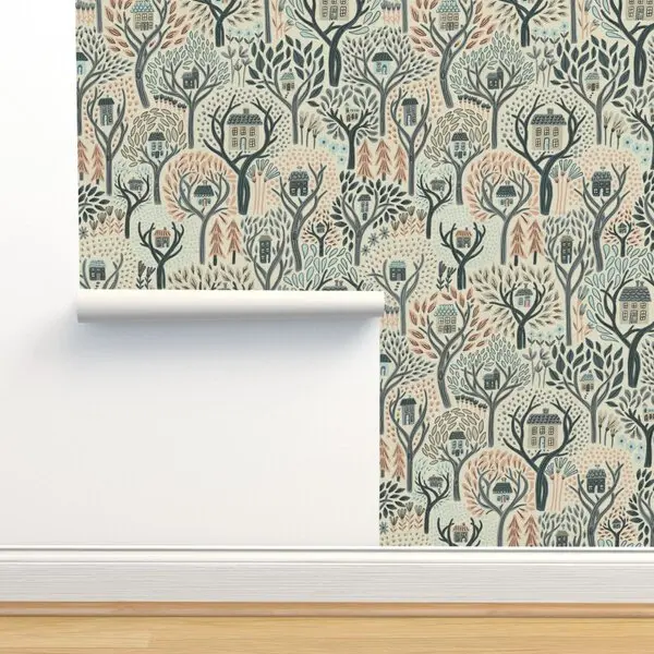 Spoonflower Acacia And Pink 100% Natural Sisal Grasscloth Wallcovering - Blue