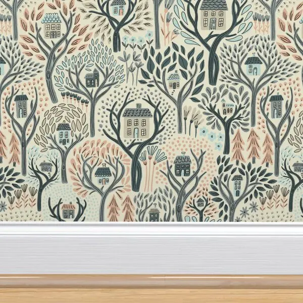Spoonflower Acacia And Pink 100% Natural Sisal Grasscloth Wallcovering - Blue