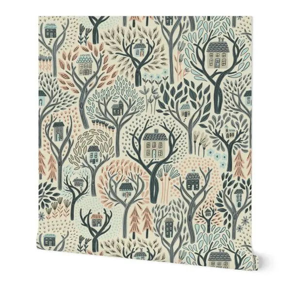 Spoonflower Acacia And Pink 100% Natural Sisal Grasscloth Wallcovering - Blue