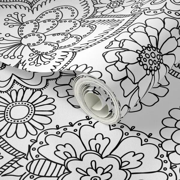 Spoonflower Intricate Flowers Floral Flower Coloring Book Custom Pre-pasted Wallpaper - White,black,gray