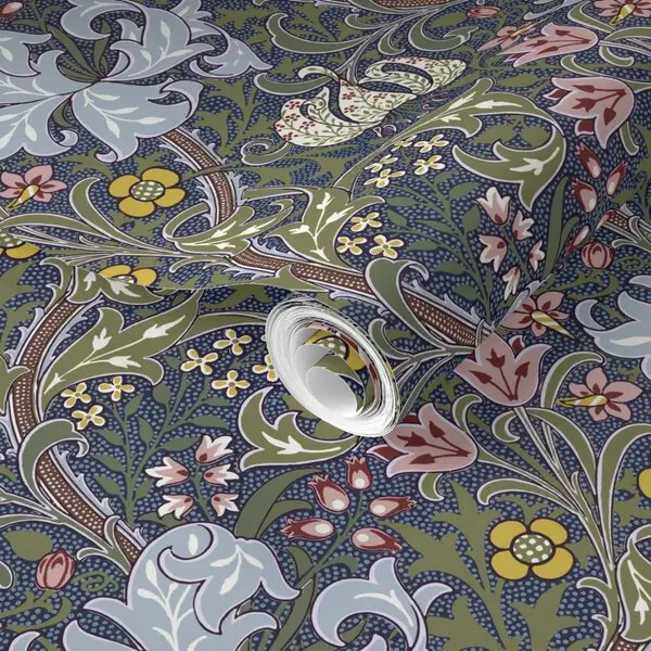 Spoonflower Flowers Floral Birds Antique Victorian Art Nouveau Custom Pre-pasted Wallpaper - Gray,blue