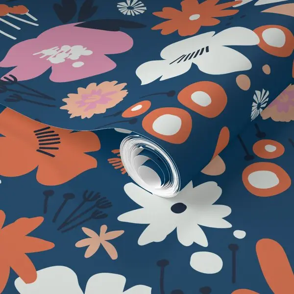 Spoonflower Pink Blue Flowers Leaves Floral Orange Traditional Wallpaper - Blue,gray,brown