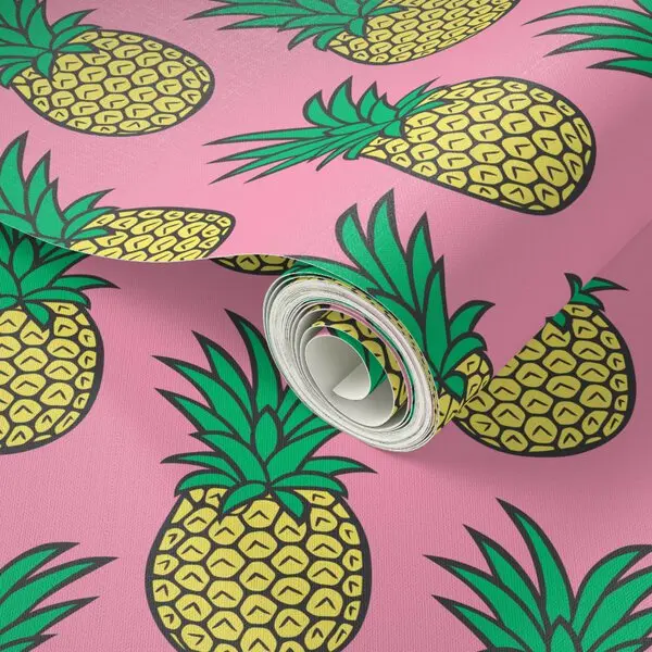 Spoonflower Pineapple Pink Pineapples Fruit Summer Tropical Custom Pre-pasted Wallpaper - Pink,yellow,green