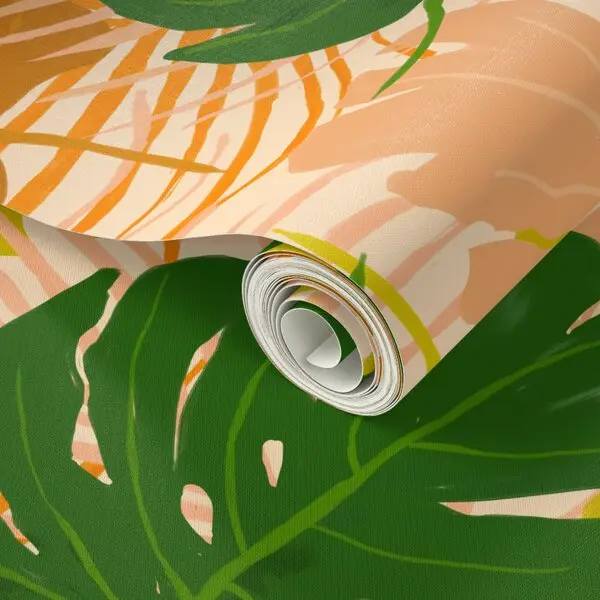 Spoonflower Fall Tropical Jungle Leaves Green Pink Custom Pre-pasted Wallpaper - Green,yellow,beige