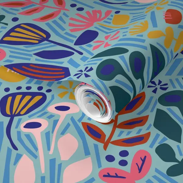 Spoonflower Blue Yellow Flowers Leaves Floral Modern Custom Pre-pasted Wallpaper - Blue,red,brown