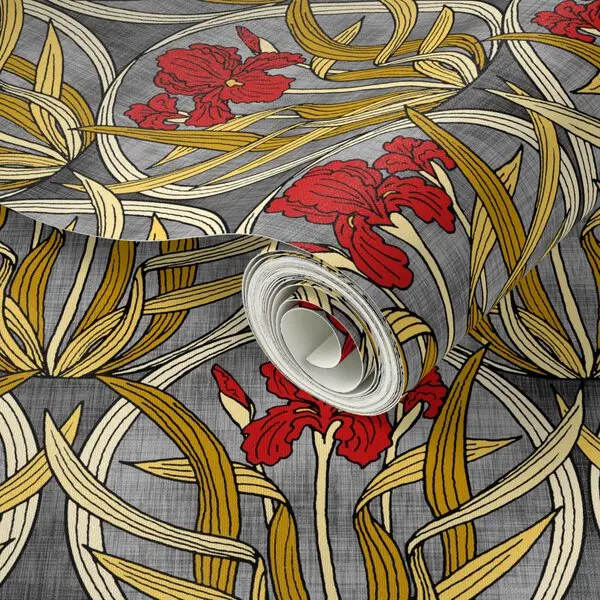 Spoonflower Red Iris Nouveau 1920s Art Deco Flower Gold Floral Custom Removable Wallpaper - Gray,red,green
