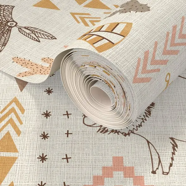 Spoonflower Southwest Tee Pee Arrow Bison Buffalo Headress 100% Natural Sisal Grasscloth Wallcovering - Orange,pink