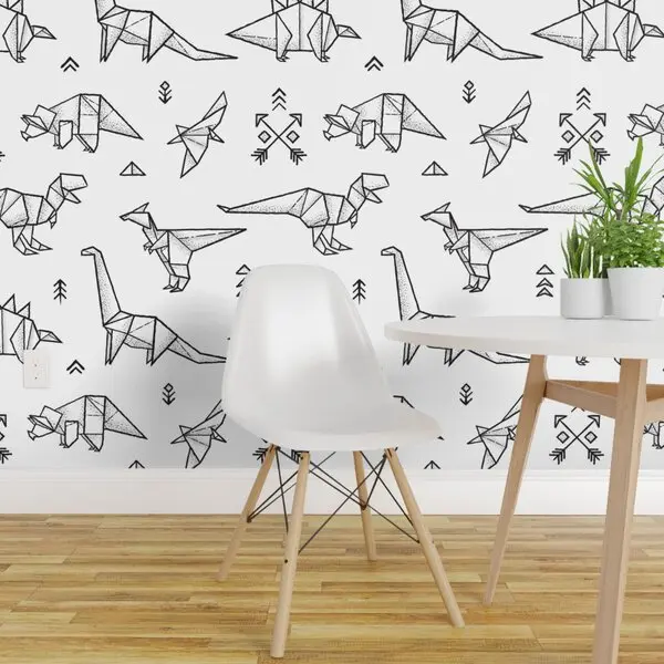 Spoonflower Black And White Geometric Outline Origami Custom Pre-pasted Wallpaper