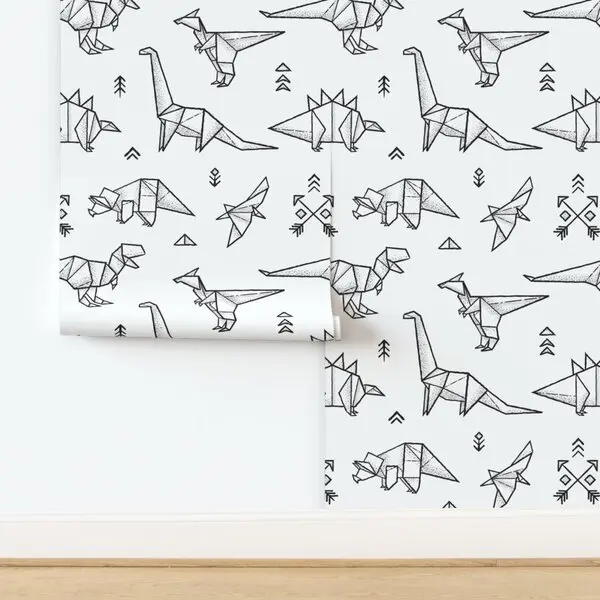 Spoonflower Black And White Geometric Outline Origami Custom Pre-pasted Wallpaper