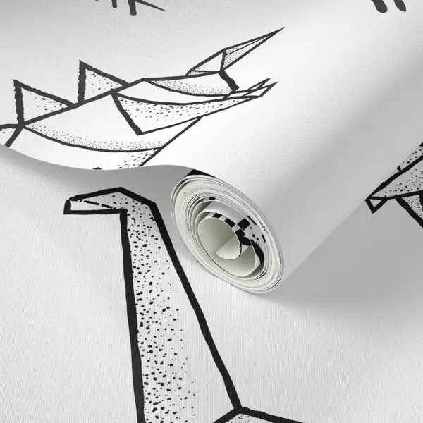 Spoonflower Black And White Geometric Outline Origami Custom Pre-pasted Wallpaper - Black,white,gray
